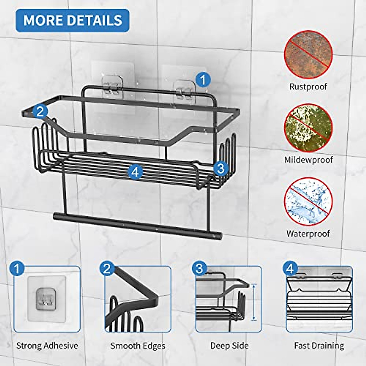 PAGVMIN Shower Caddy Bathroom Shelf, No Drilling Adhesive Bathroom Storage Organizer with Towel Bar and Hooks, Rustproof Shower Shelf Kitchen Storage Basket - 2 Pack, Black