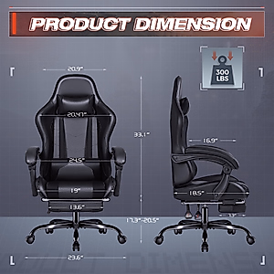 Furmax Gaming Chair, Video Game Chair with Footrest and Massage Lumbar Support, Swivel Seat Height Adjustable Computer Chair with Headrest, Racing E-Sport Gamer Chair (Black)
