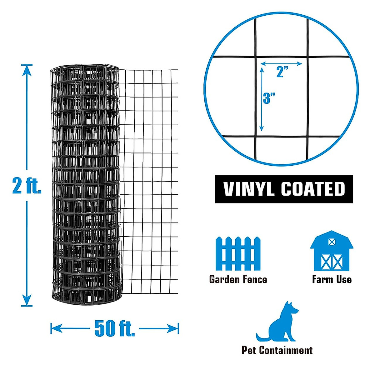 Fencer Wire Vinyl Coated 16 Gauge Welded Fence Wire Roll, Mesh Size 2-Inch x 3-Inch, Black Metal Garden Fencing Wire Grid Hardware Cloth, Multiple Use for Home Improvement