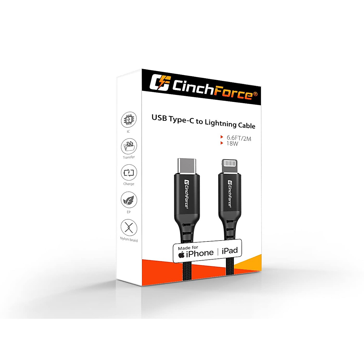 CinchForce USB Type-C to Lightning Cable [Apple MFi Certified] - Supports PD Fast Charging, High Speed Data, Made for Any Device That uses Apple Lightning Connector - Black 6.6ft Cable (2m)