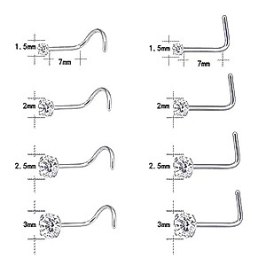 Vitaltyextracts 8pcs 20G Hypoallergenic Nose Screw Studs Round Diamond Surgical Steel Nose Rings Piercing Set