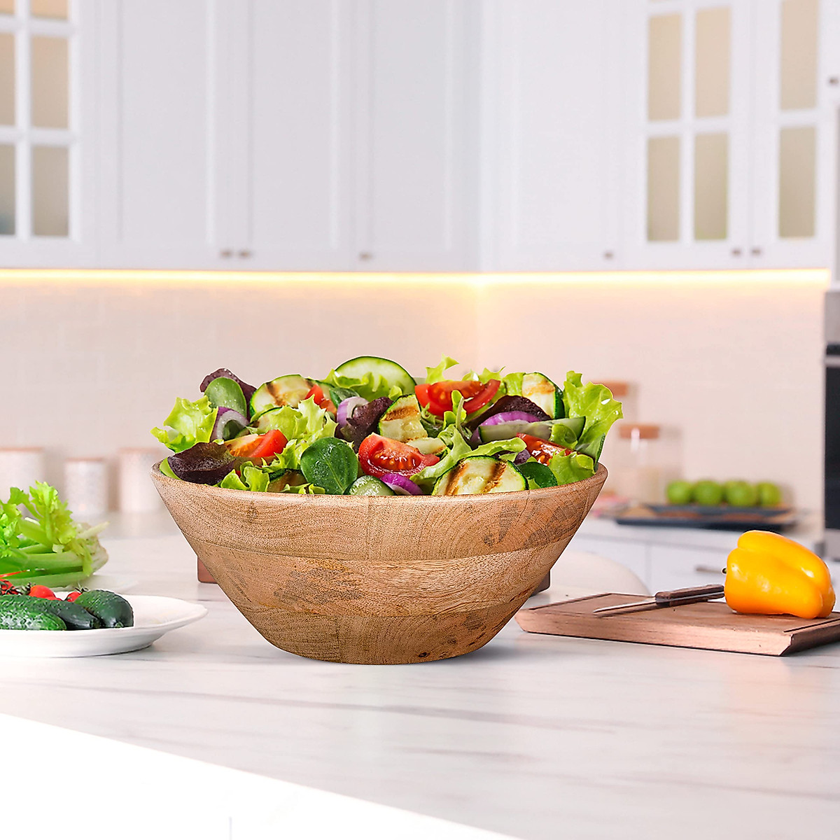 Alpha Living Home Wooden Bowl, Serving Bowl - Crafts Serve for Fruit's, Salads, Popcorn, Salad Spinner, Pasta, Soup, and Fruit - Bowls Looks Absolute Beautiful With Your Kitchen - 12 Inch Bowl