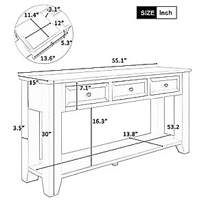 Farmhouse Modern 55 Inch Console Table Wood Sofa Entry Table with Drawers & Open Shelf for Living Room Entryway Bedroom (Blue)