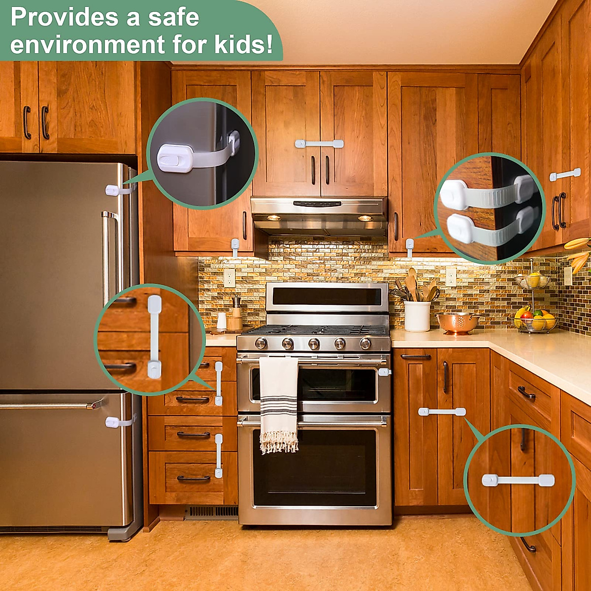 Child Safety Strap Locks (10 Pack) Baby Proofing Cabinet Strap, Adjustable Straps with 3M Adhesive No Drilling, Baby Furniture Proofing, Versatile Safety Locks Are Easy to Install and Handle