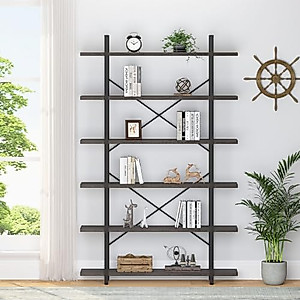 HSH Industrial Tall Bookshelf, Large Vertical Wood and Metal 6 Tier Book Shelf, Open 6 Shelf Bookcase for Bedroom Living Room Office, Vintage Display Storage Bookshelves and Bookcases, Dark Gray Oak