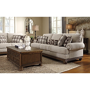 Signature Design by Ashley Harleson Modern Farmhouse Sofa with Nailhead Trim and 5 Accent Pillows, Beige