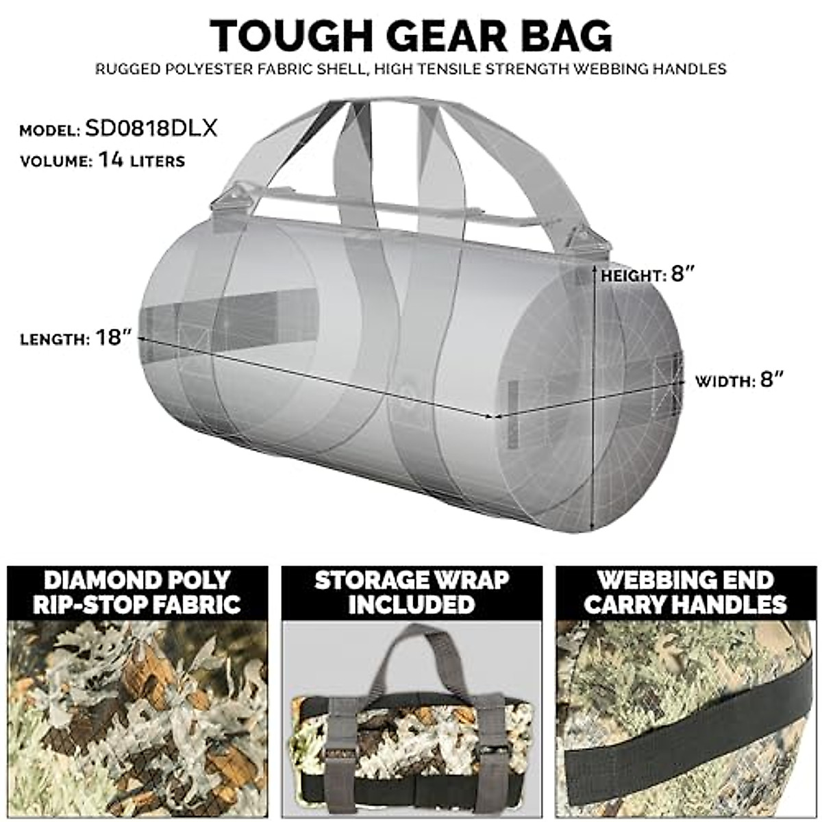 North Star Sports SD0818 Diamond Ripstop Standard Duffle Gear Bag 8"H x 8"W x 18"L, 14 Liter, Kings Camo Desert Shadow Duffel Northstar Bags