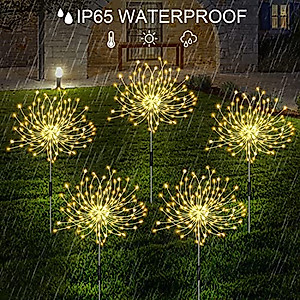 Solar Garden Lights, Firework Lights Outdoor 5 Pack 120 LED Solar Waterproof Decorative Starburst Lights Landscape Lamp Adjustable Brightness, Decor for Courtyard Garden Christmas Party(Warm White)