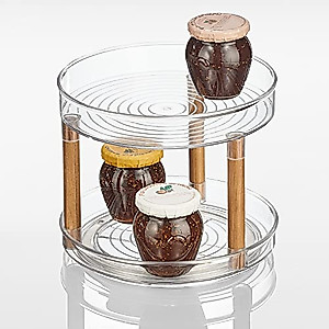 Nate Home by Nate Berkus 2-Tier Plastic 9-Inch Turntable Organizer with Ash Wood Accents | for Kitchen Cabinet, Countertop, or Pantry Organizing from mDesign - Set of 2, Clear/Natural