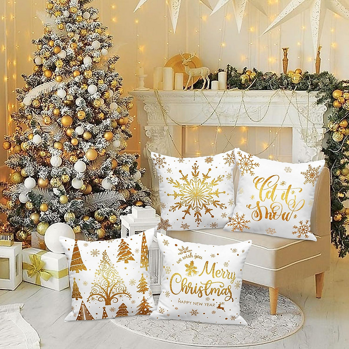 Lanpn White and Gold Bronzing Christmas Throw Pillow Covers 20x20 Set of 4, 20 inch Decorative Xmas Cushion Covers Pillow Cases 20 x 20 for Home Bedroom Room Holiday Couch Decor Decorations