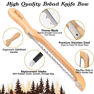 TeeMars Bread Slicer Knife for Homemade Bread, 16.5" Premium Oakwood Serrated Bread Knife with Bow Design, Ergonomics Handle, Solid & Easy to Cut, Stainless Steel, Replacement Blades, Rubber Cover