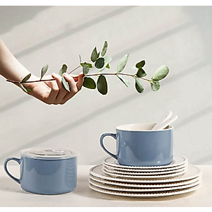 Wareland Soup Bowls with Handles & Spoons, 30oz Ceramic Ramen Bowl with Lid, Large Soup Mugs/Cups for Instant Noodle, Big Cereal Bowls for Oatmeal, Soup Containers with Lids, Set of 2, Sky Blue