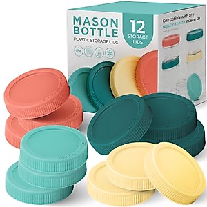 Mason Bottle Plastic Lids for Mason Jars (12-Pack) - Fits Any Regular Mouth Mason Bottle - Plastic Mason Jar Lids w/Silicone Inner Seal - Rust-Proof Replacement Jar Lids (Jars NOT Included)