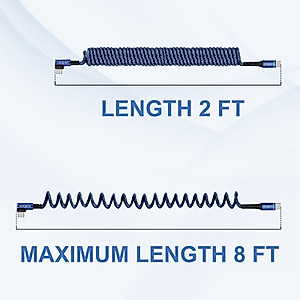 VODBOV Coiled USB-C to USB-C Cable 2ft to 8FT Fast Charging Cord Right Angle Braided 90 Degree Blue