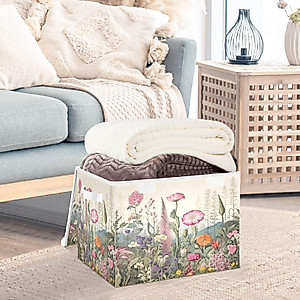 xigua Storage Basket Wildflowers Storage Boxes with Lids and Handle, Large Storage Cube Bin Collapsible for Shelves Closet Bedroom Living Room, 16.5x12.6x11.8 Inch