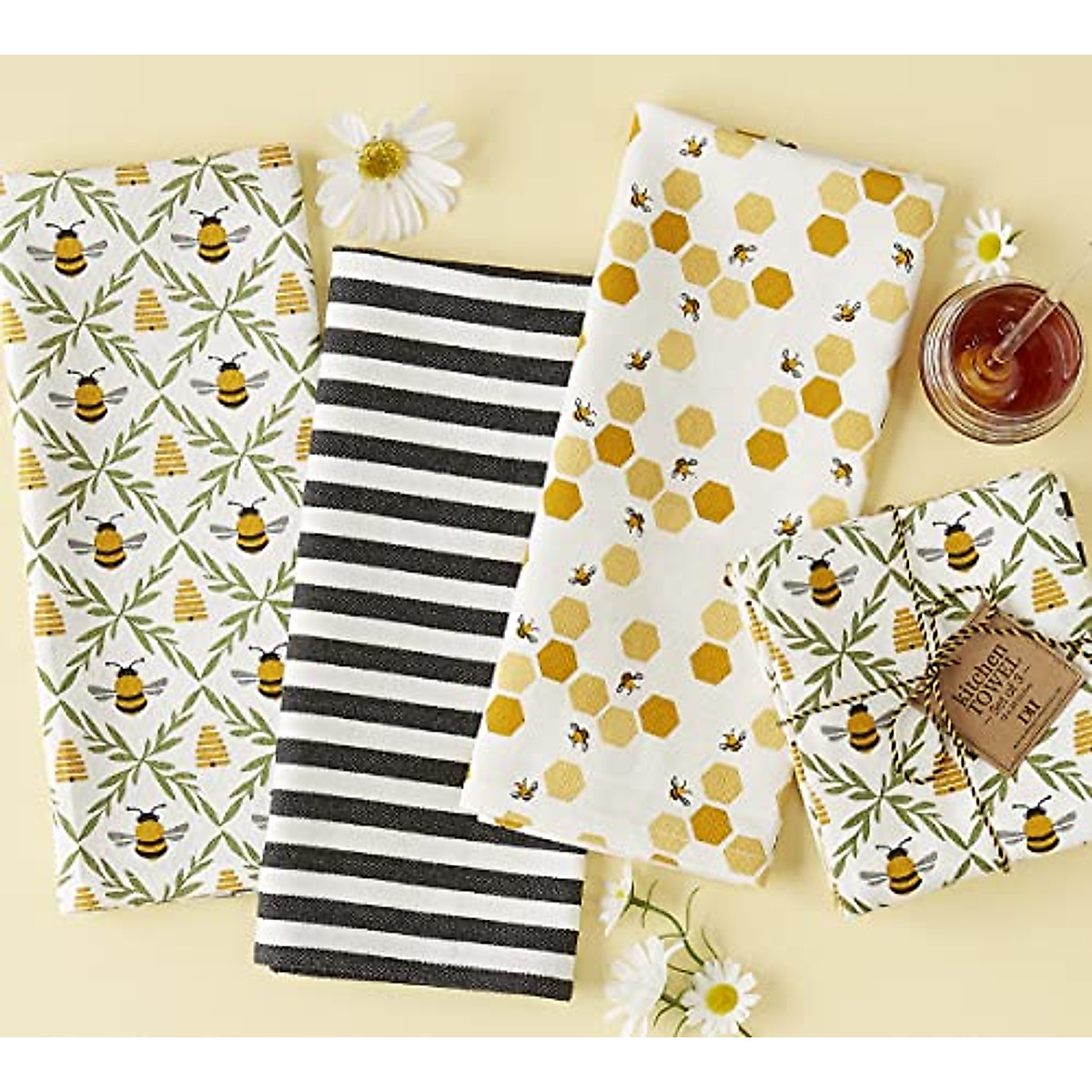 Design Imports DII Little Bees Bee Themed Dish Towels, Set of 3 Yellow Black White Green