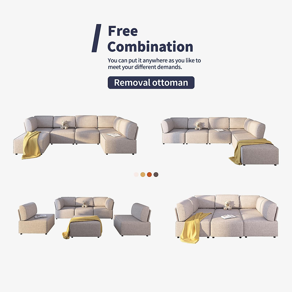 ZAFLY Modular Sectional Sofa Couch, U/L Shaped Couch with Oversized Seats, Ottoman, Convertible Modern Linen Fabric Reversible Chaise, Sofa Sleeper for Living Room, Apartment 120.4" W (Beige)