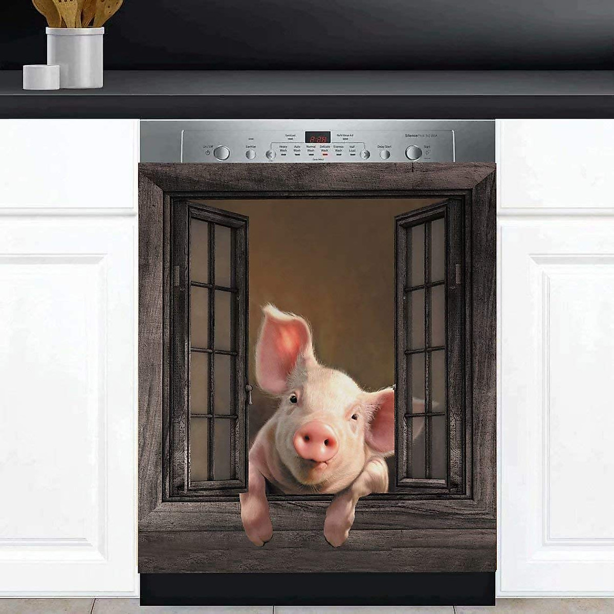 Magnetic Funny Pig Dishwasher Sticker Kitchen Cabinet Panels,Farm Window Refrigerator Door Cover Sheet,Animal Fridge Manget,Home Appliances Decor Decals 23"Wx17"H
