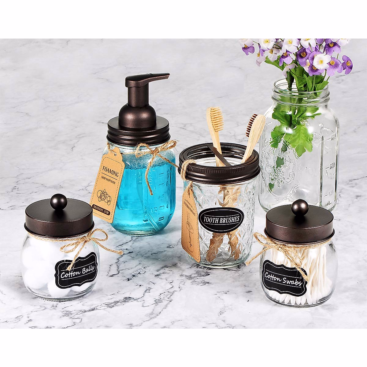 Amolliar Mason Jar Foaming Soap Dispenser, Rustproof Stainless Steel Lid, BPA Free Foam Pump, Waterproof Labels, Rustic Farmhouse Decor Refill Hand Soap Dispenser Bathroom Accessories– Bronze (2 Pack)