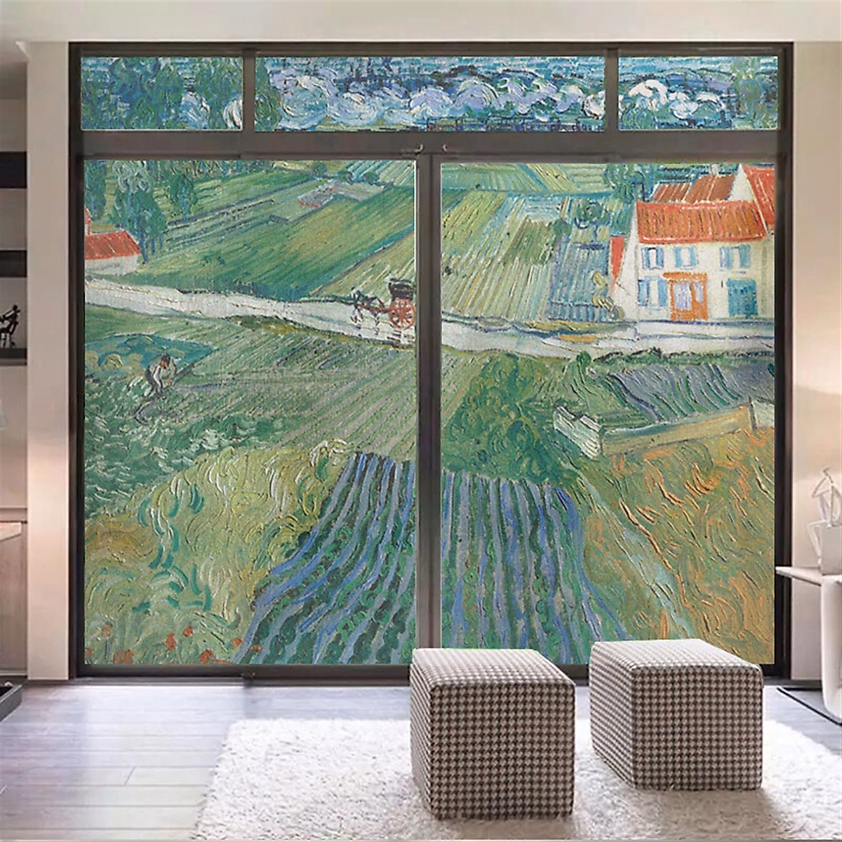 Window Privacy Film Opaque Window Stickers European Style Stained Glass Film Art Village Oil Painting Pattern Frosted Window Stickers PVC Static Cling Privacy Film Decor Glass Window Decals (Color :