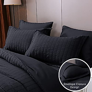 HYMOKEGE Duvet Cover Queen 3 Pieces, Black Seersucker Duvet Cover Set, Luxury Soft Brushed Microfiber Bedding Set with 1 Comforter Cover & 2 Pillow Shams, 90x90 Inch