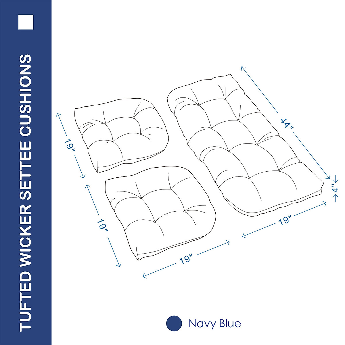 YOOZEKU Outdoor/Indoor All Weather Tufted Wicker Chair Cushions of 3 Pieces, 1 Loveseat and 2 U-Shape Waterproof Cushions for Patio Furniture,Wicker Loveseat,Bench-Navy Blue