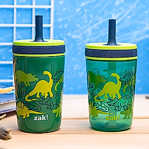 Zak Designs Dino Camo Kelso Tumbler 3pc Set, Leak-Proof Screw-On Lid with Straw, Bundle for Kids Includes Plastic and Stainless Steel Cups with Additional Sipper, 15 fluid ounces