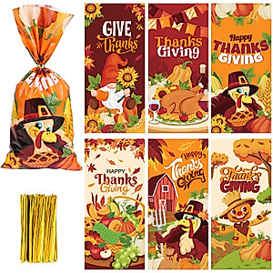 DERAYEE Thanksgiving Treat Bags, 180 Pcs Fall Cellophane Candy Bags Maple Leaves Turkey Pumpkin Goodie Gift Bags for Thanksgiving Party Supplies