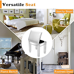 VINGLI Mirrored Vanity Stool with Storage, Faux Leather Ottoman, Makeup Dressing Table Bench, Silver