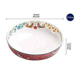 Bico Red Spring Bird Ceramic Pasta Bowl, Set of 5(1 unit 214oz, 4 units 35oz), for Pasta, Salad, Microwave & Dishwasher Safe