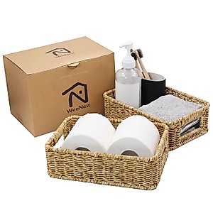 WeeNest Baskets for Organizing, Small Wicker Basket, Storage Baskets for Bathroom, Toilet Basket Tank Topper, Small Basket with Handle, Small Storage Baskets, Resin Wicker Set of 2, Oat Milk