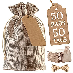50 burlap bags with drawstring 6.6x9 inch with 50 tags and 50 Strings. Burlap bag for holiday gift. Burlap sack for groceries and food. Burlap sacks for Planting Plants. Burlapbag for Mugs, ect.