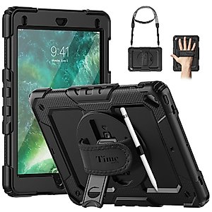 Timecity for iPad 6th/5th Generation Case, for iPad 9.7 inch Case 2018/2017 with Screen Protector, 360 Rotating Stand/Hand Strap, Full-Body Protective Case for iPad 6th/5th Gen/Air 2/ Pro 9.7''-Black