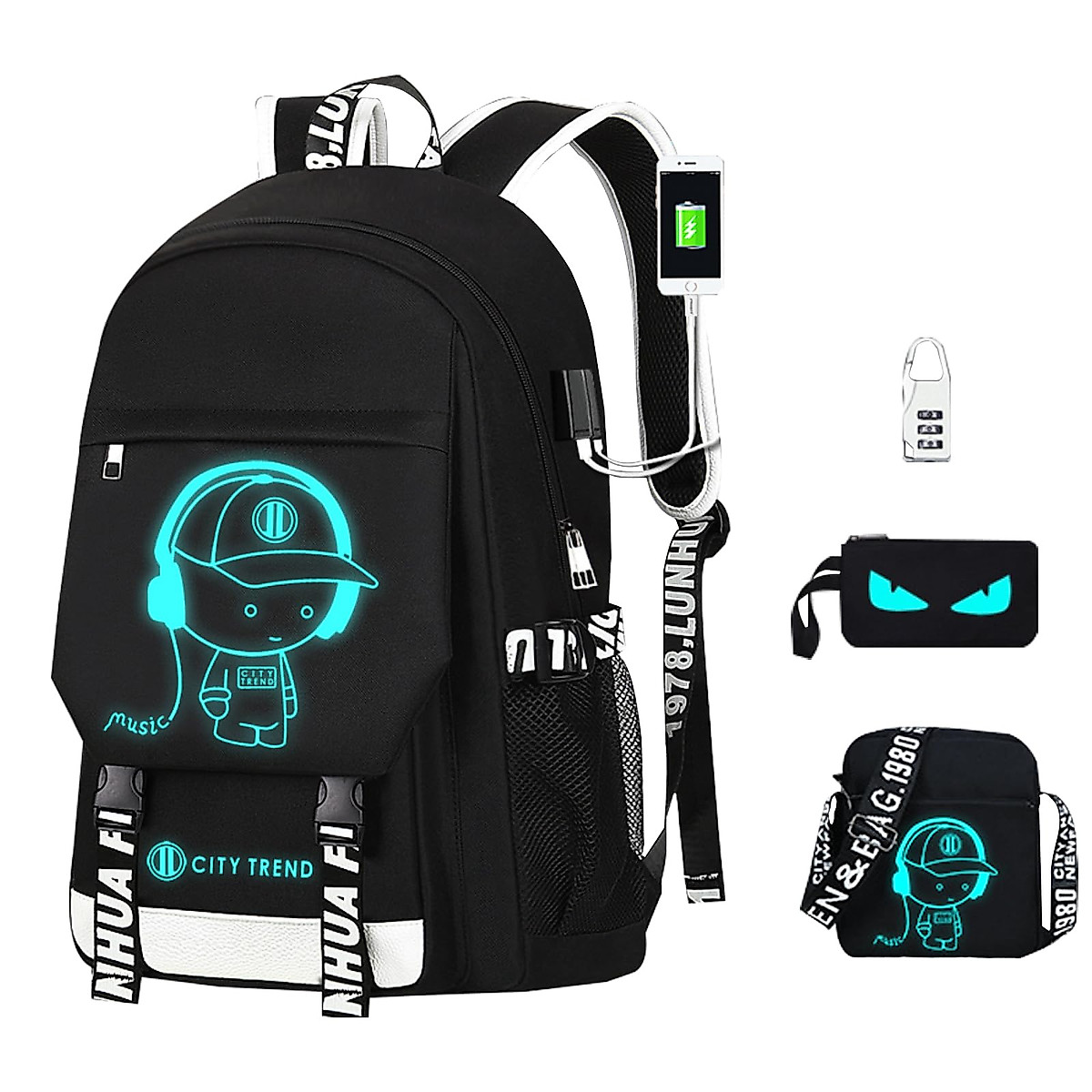 Anime Luminous Astronaut Backpack with USB Charging Port Outdoor Hiking Laptop Bags (6-4PCS)