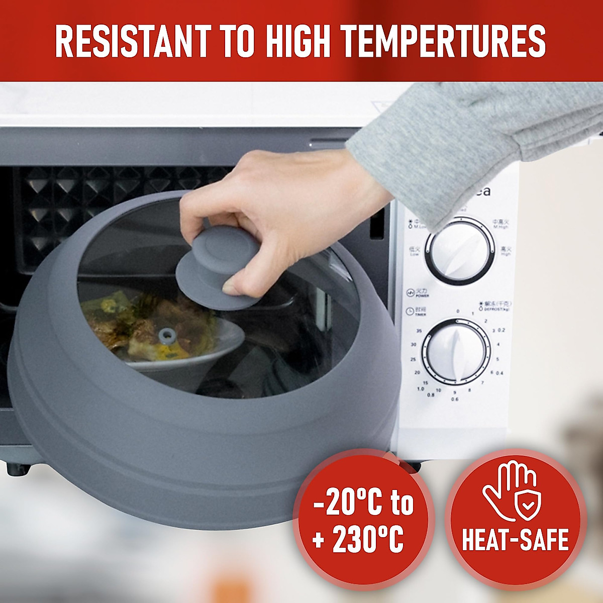 Collapsible Microwave Cover - Large 11.8" Tempered Glass & Silicone Lid, Heat Resistant, Splatter Guard with Easy-Grip Handle - Grey