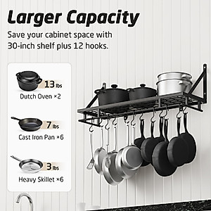 KES 30-Inch Kitchen Pan Pot Rack Wall Mounted Hanging Storage Organizer Wall Shelf with Hooks Matte Black, KUR215S75A-BK