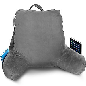 Nestl Reading Pillow Standard Bed Pillow, Back Pillow for Sitting in Bed Shredded Memory Foam Chair Pillow, Reading & Bed Rest Pillows Grey Back Pillow for Bed, Bed Chair Arm Pillow with Pockets
