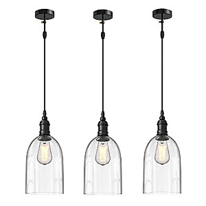 WINSOON Mini Pendant Lights, Single Hanging Ceiling Light Fixture Clear Glass for Kitchen Island, Adjustable UL Listed 59 Inch Cord, E26/E27 Base(40W max.), Vintage Oval Shape, Black,3 Pac