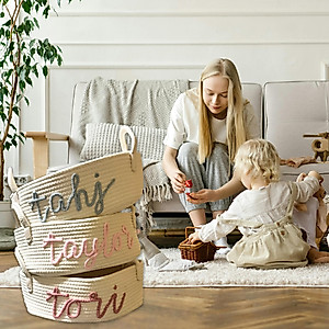 Custom Baby Name Clothes Baskets,Personalized Cute Woven Diaper Basket for newborn,Cotton Round organizer (White)