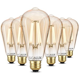 Sigalux Edison Bulbs, Edison Light Bulbs E26 LED Bulb 60W Equivalent Dimmable Vintage Light Bulbs, ST19 Amber Glass Light Bulbs 2700K Soft White, LED Filament Bulbs 700LM, CRI90, UL Listed, 6 Pack