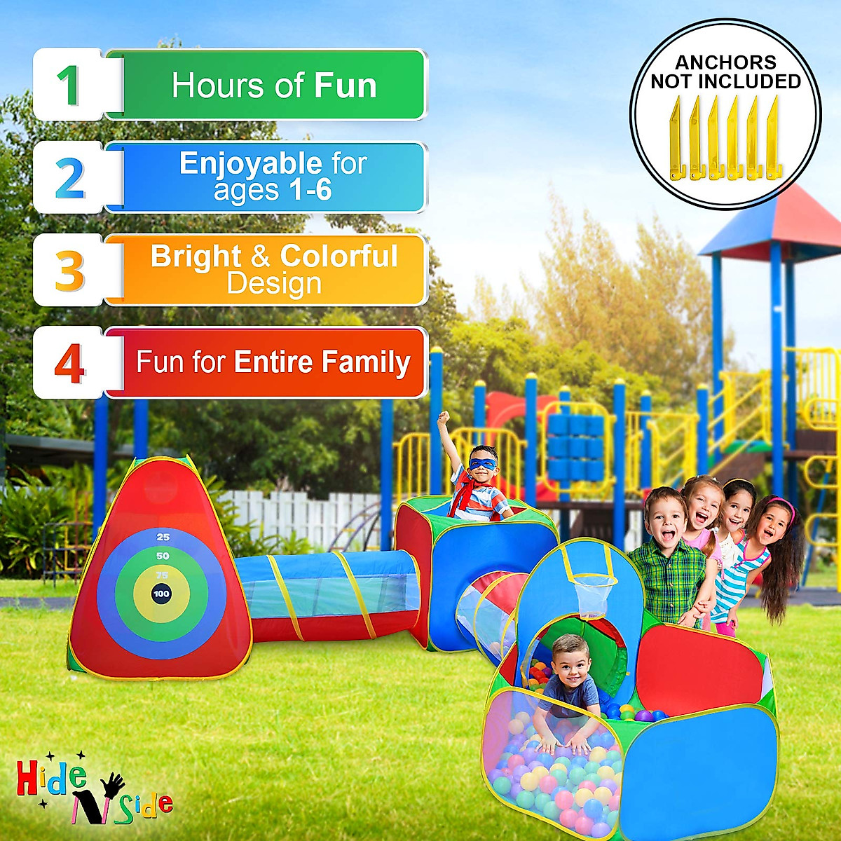 Hide N Side 5pc Kids Ball Pit Tents and Tunnels, Toddler Jungle Gym Play Tent with Play Crawl Tunnel Toy, for Boys Babies Infants Children, Indoor Outdoor Gift, Target Game w/ 4 Dart Balls