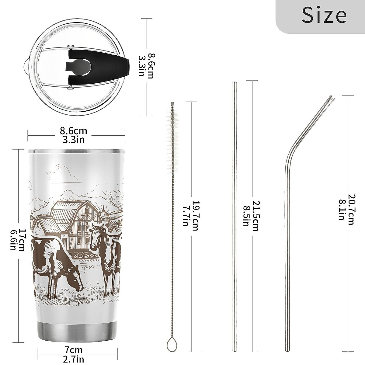 Jihqo Farm Cows Tumbler with Lid and Straw, Insulated Stainless Steel Tumbler Cup, Double Walled Travel Coffee Mug Thermal Vacuum Cups for Hot & Cold Drinks 20oz