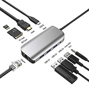 ZPLJ High-Speed 9 in 1 Hub with Ethernet Port 4K HDMI 3 USB 3.0 and USB-C Power Delivery 3.5mm Audio Support SD TF Card Reader Compatible for Flash Drive Laptops USB Hub Adapter Portable