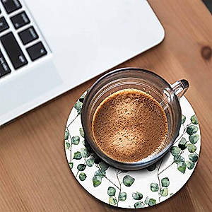 Pznen Eucalyptus Round Leaf Coasters Set for Wood Table Green Branches and Leaves Twig Natural Plant Foliage Tabletop Protection Mat for Mugs and Cups 4 Inch for Kitchen Office Home