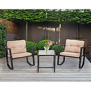 FDW Rocking Wicker Patio Furniture Modern Conversation Sets with Coffee Table for Yard and Bistro, Black