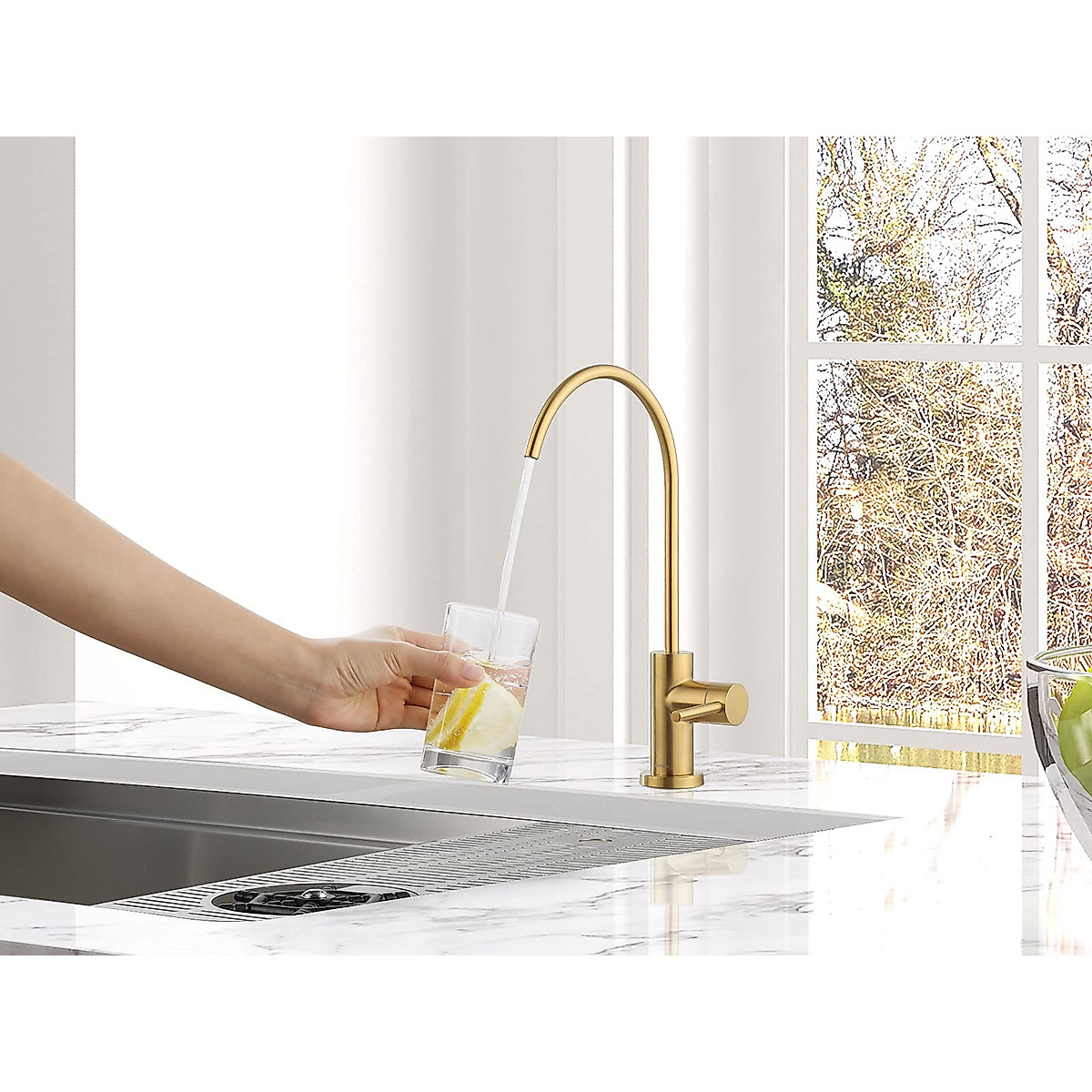 AguaStella AS60BG Brushed Gold Pull Down Kitchen Faucet and AS09BG Brushed Gold Stainless Steel Water Filter Faucet for Most Reverse Osmosis Units or Water Filtration System in Non-Air Gap Combination
