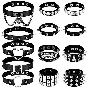 Cunno 13 Pcs Halloween Cool Steampunk Leather Choker Rock Gothic Necklace Bracelets Set Punk Spike Rivet Cuff Collar Chokers for Women Adjustable Girl Cosplay Night Club Party Gift(Simple Style)