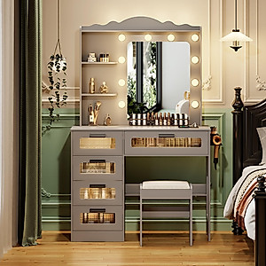 HWB Makeup Vanity Desk with Mirror and Lights,Vanity Table with 5 Drawers&2 Shelves,Vanity Set for Bedroom,Dressing Table with 10 Light Bulbs,Desk Vanity with USB Port&Human Sensor Design,Grey
