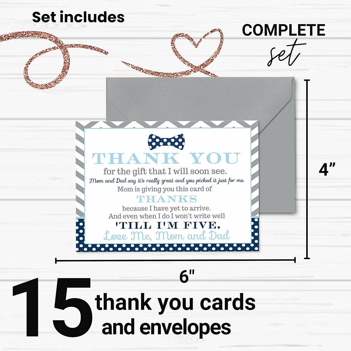 Paper Clever Party Bow Tie Baby Shower Thank You Cards with Envelopes Blank Notes Prefilled Message Boys Personalize for Registry Gifts Blue and Grey Notecard Set 4x6, 15 Pack Printed