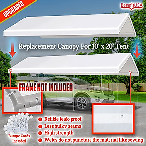 BenefitUSA 10x20' Waterproof Upgraded Carport Replacement Canopy Only Garage Top Cover Tent Shelter Tarp with Ball Bungee Cords,Frame is not Included White